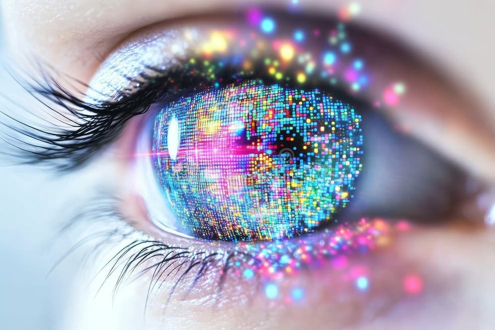 Close-up of an Eye, with Pixels of a Virtual World Ai Reflected in the ...