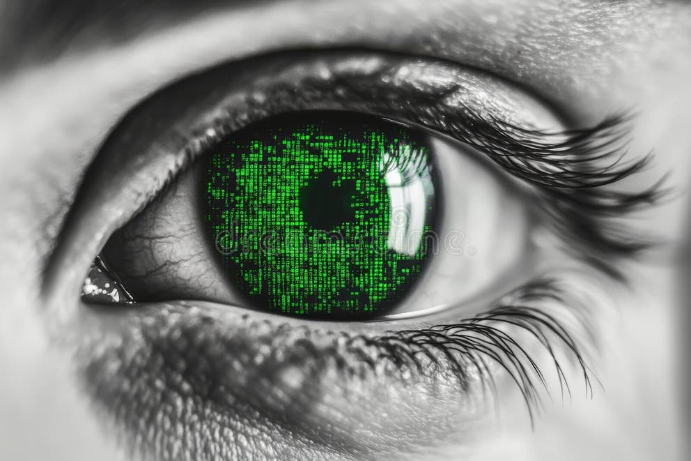 Close-up of an Eye, with Pixels of a Virtual World Ai Reflected in the ...