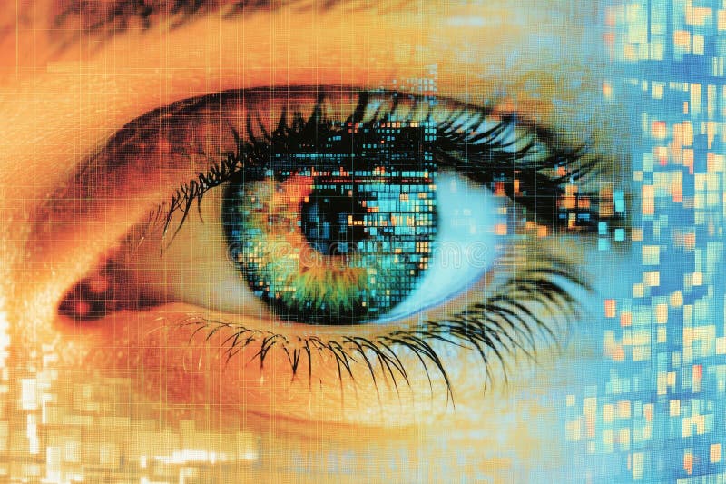 Close-up of an Eye, with Pixels of a Virtual World Ai Reflected in the ...