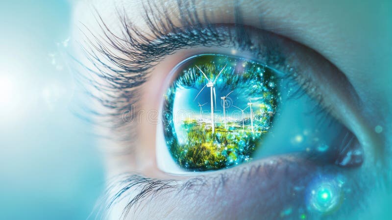 Close-up of Eye Reflecting Wind Turbines and Nature Scene Stock Photo ...