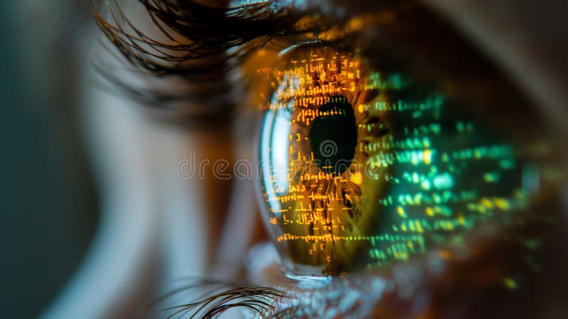 A Close-up of an Eye with Reflections of Digital Code and Light ...
