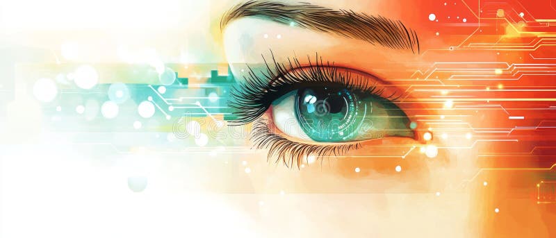 A Close-up of an Eye Showcases Vibrant Colors and Digital Circuit ...