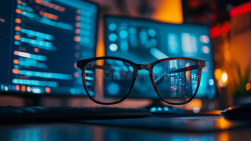 Eyeglasses in Front of Computer Screens with Programming Code Stock Photo - Image of modern ...