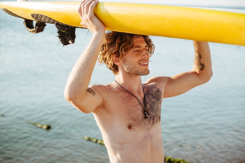Close Up Face of Handsome Guy with Surfboard on Head Stock Image ...