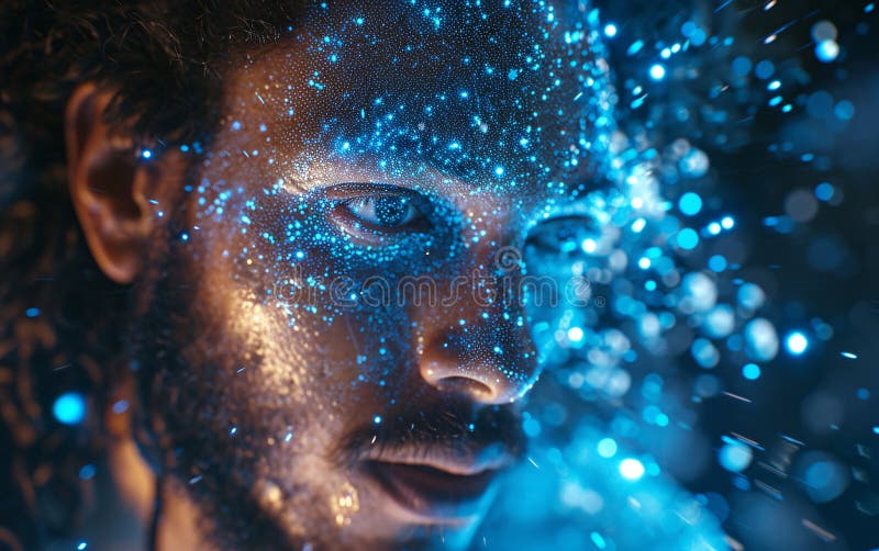 Close Up Face of a Male Hacker with Linear Halograms on His Face ...