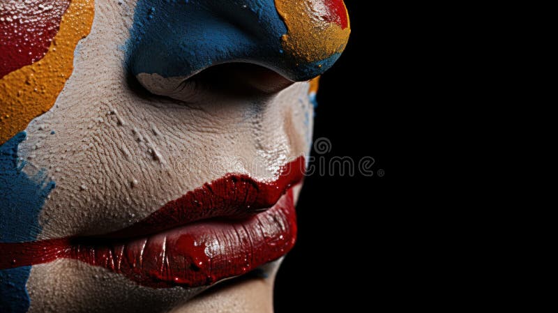 A Close Up of a Face Painted with Clown Makeup and Red Lips, AI Stock ...
