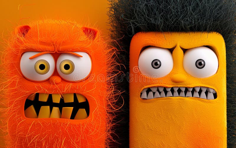 Close-up of the Faces of Two Monsters with an Evil Grin and Sharp Teeth ...