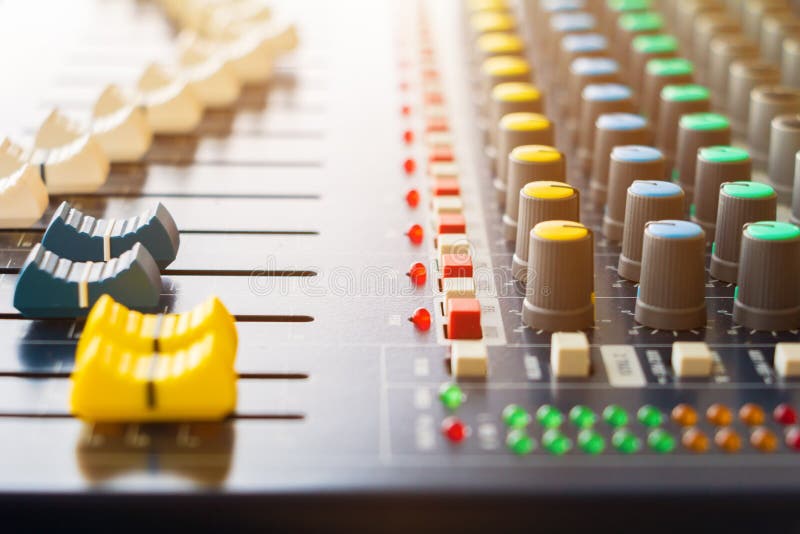 Close Up Faders of Sound Mixer Volume Adjusting Knobs Controller in ...