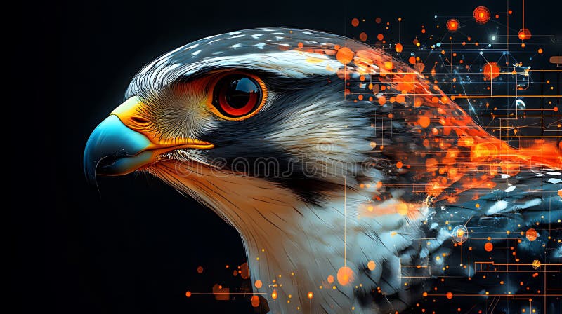 A Close-up of a Falcon S Head with a Digital Network Pattern Behind it ...