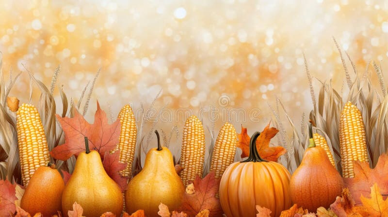 A Close Up of a Fall Scene with Pumpkins, Corn and Squash, AI Stock ...