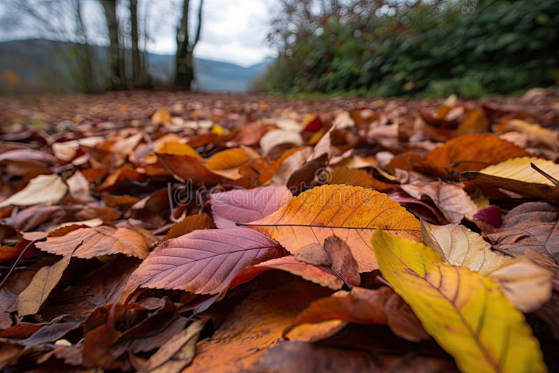 Close-up of Fallen Leaves, with the Changing Seasons in the Background ...