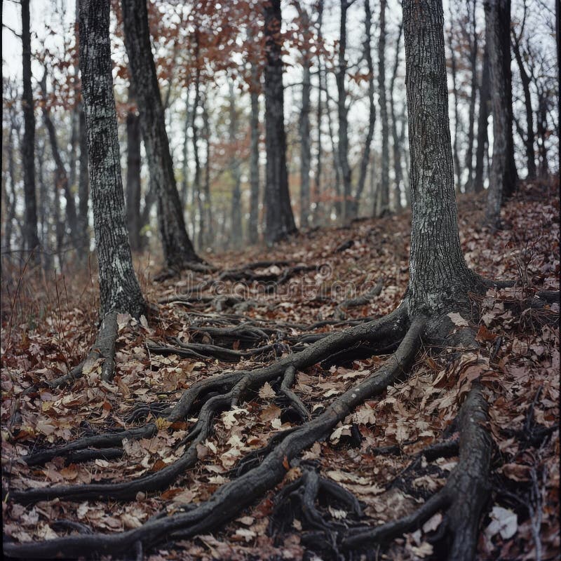 Close-up of Fallen Leaves and Tree Roots Winding through the Soil of a ...