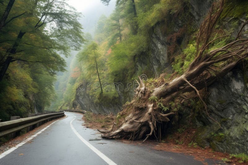 Close-up of a Fallen Tree Obstructing a Mountain Road Stock ...