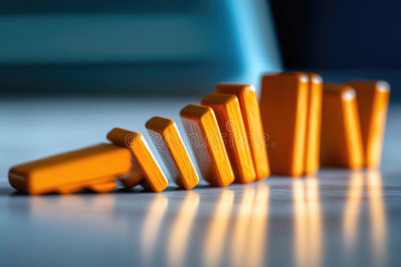 Close-up of Falling Orange Wooden Blocks in Domino Effect on Reflective ...