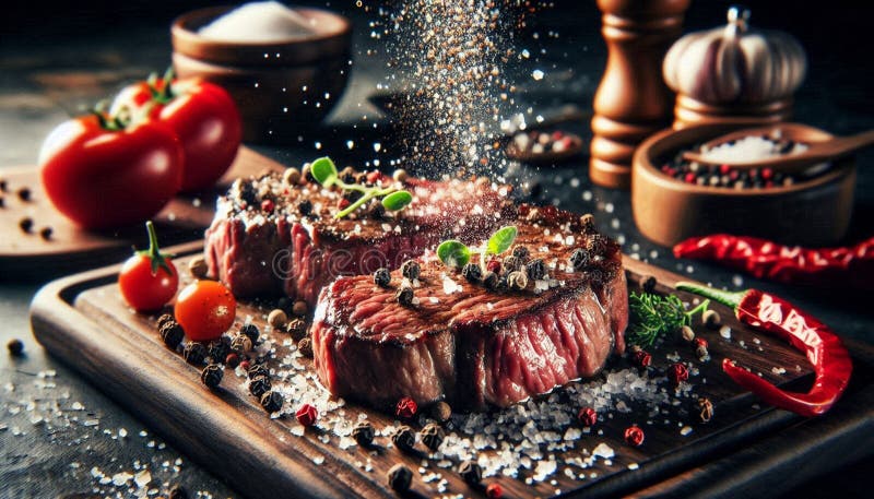 Close-up of Falling Salt and Pepper on Tasty Beef Steaks on Table ...