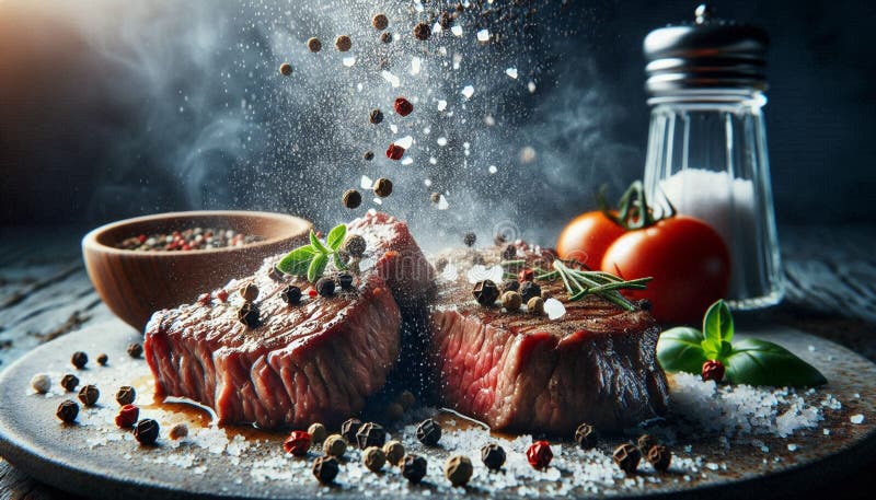 Close-up of Falling Salt and Pepper on Tasty Beef Steaks on Table ...