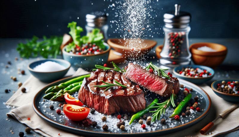 Close-up of Falling Salt and Pepper on Tasty Beef Steaks on Table ...