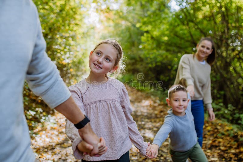 Close-up of Family with Kids Walking in Forest. Stock Photo - Image of ...