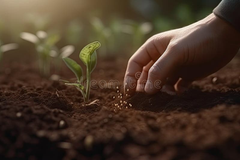 Close Up of a Farmer Planting Seeds in the Ground. Evening Light.Ai ...