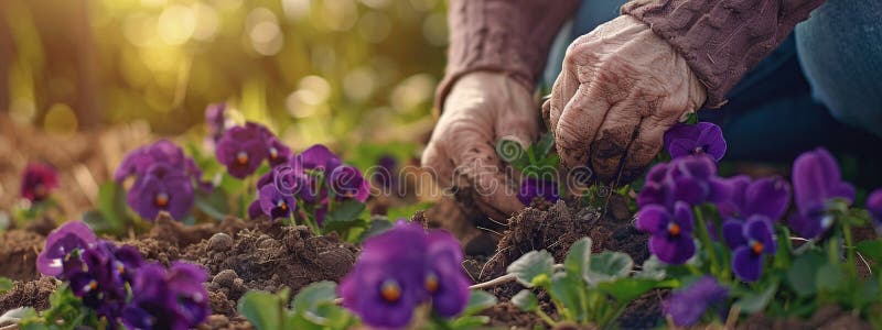 Close-up of a Farmer Planting Violets in a Garden Stock Image - Image ...