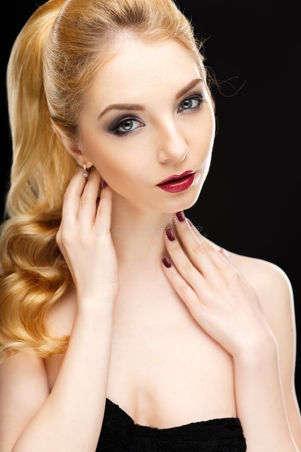 Close Up Beauty Portrait Of Perfect Young Woman With Golden Hair And