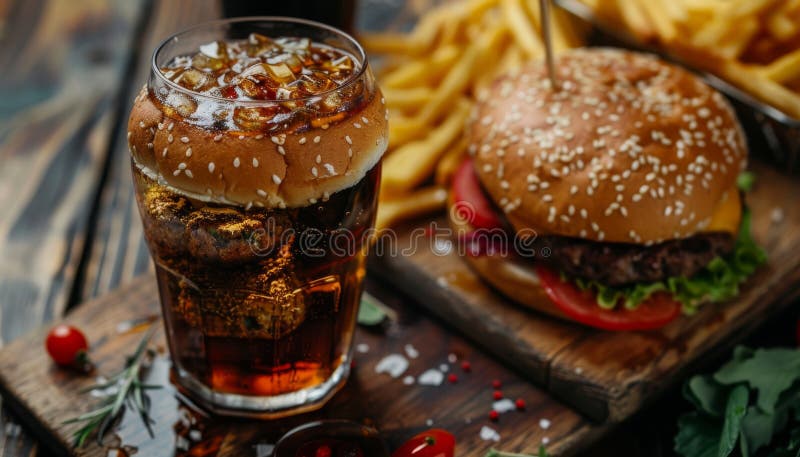 Close Up of Fast Food Snacks and Cola Drink on Wooden Table Stock ...