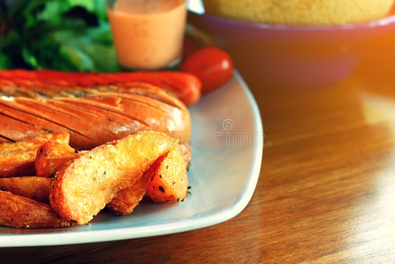 Close Up of Fast Food Snacks and on Wooden Table. Stock Photo - Image ...