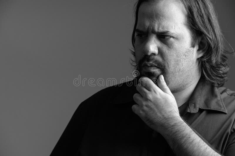 Close Up of Fat Caucasian Man Thinking in Black and White Stock Photo ...