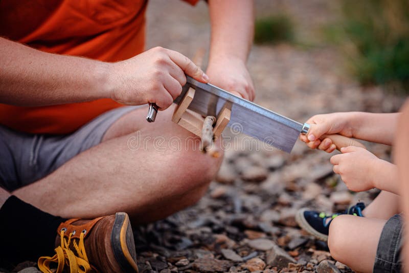 Father Teaching Child Saw Wood Outdoors Stock Photos - Free & Royalty ...