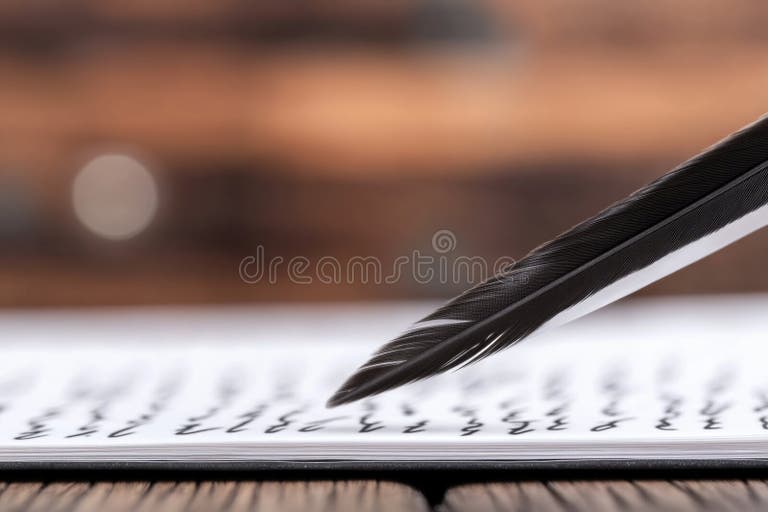 Close-up of Feather Quill Writing on Paper with Cursive Script Stock ...