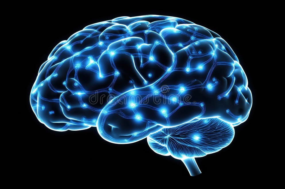 This Close-up Features a Brain with Glowing Blue Neural Pathways Against a Dark Background ...