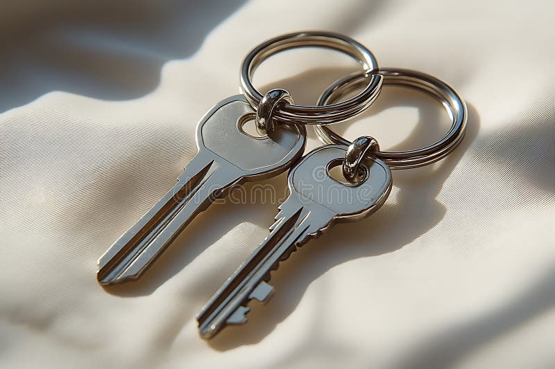 Silver Keys on Rings on White Fabric Modern Metal Keys, Bright Lighting ...