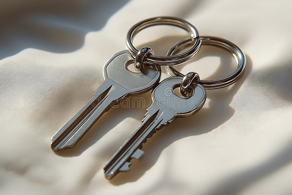 Silver Keys on Rings on White Fabric Modern Metal Keys, Bright Lighting ...