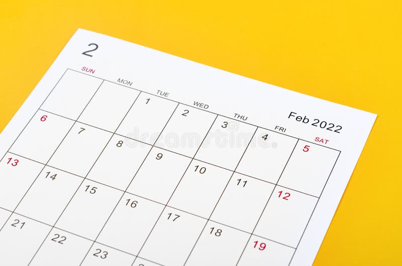 Close Up February 2022 Calendar Sheet on Yellow Stock Image - Image of ...