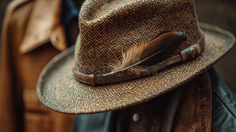 Close-up of a Fedora Hat with Feather and Leather Jacket. Stock Image ...
