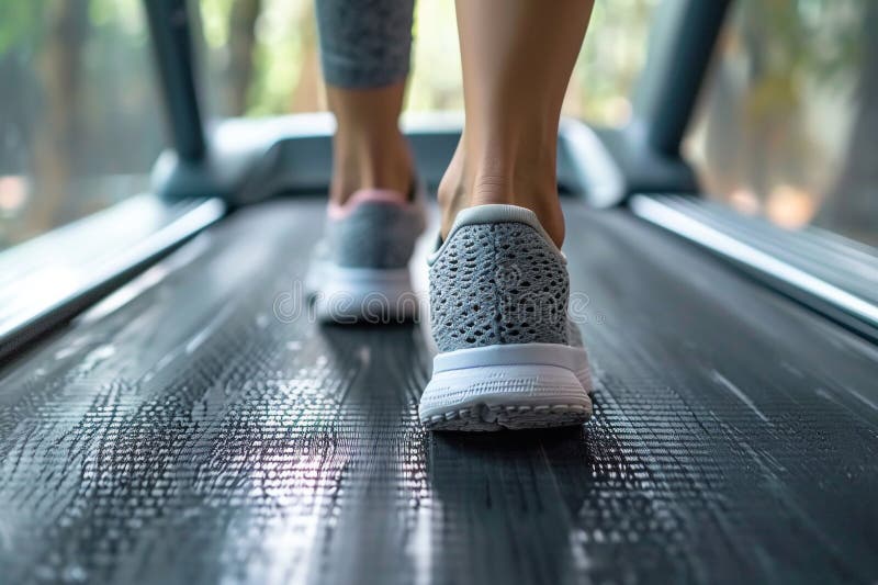 Closeup of Feet Stepping on a Treadmill Beginning of a Cardio Workout ...