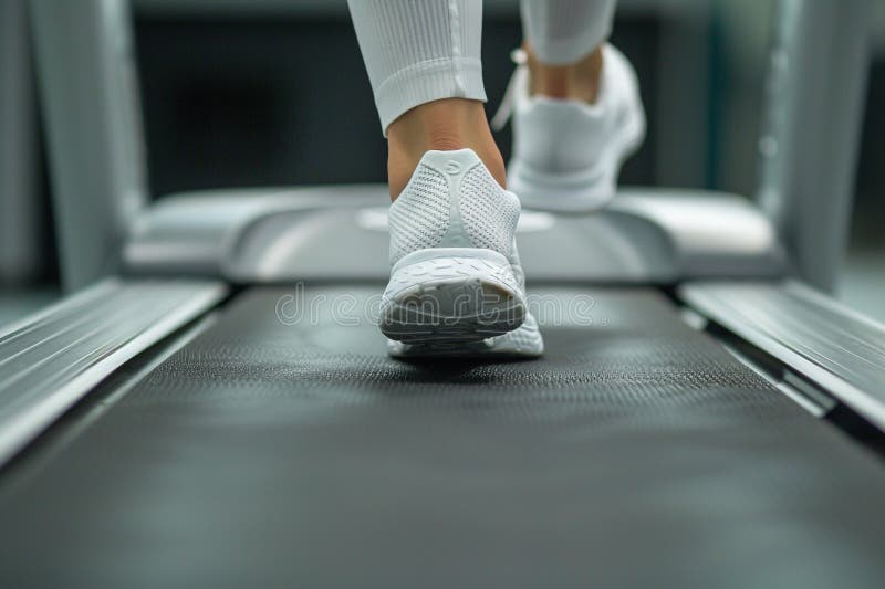 Closeup of Feet Stepping on a Treadmill Beginning of a Cardio Workout ...