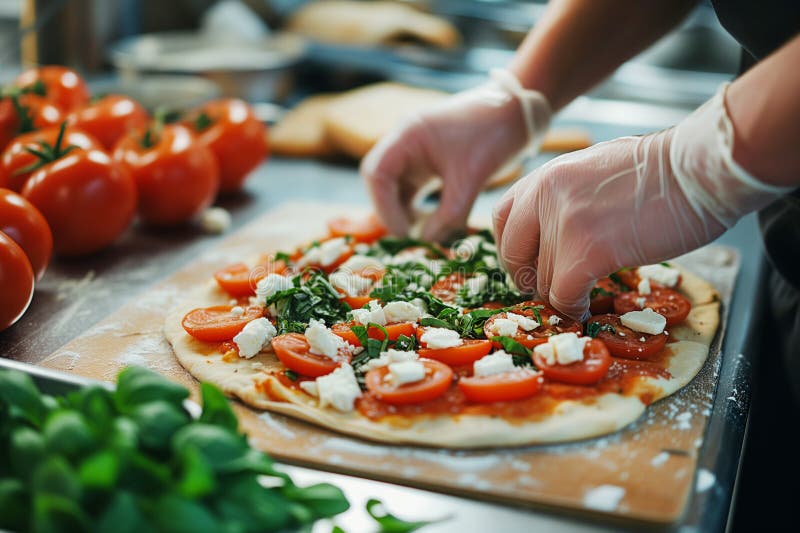 Close Up of Female Chef in Gloves Making Pizza in Commercial Kitchen ...