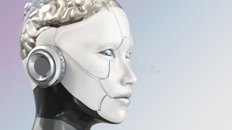 Close-up of Female Cyborg Head on Blue Background. 3D Illustration ...