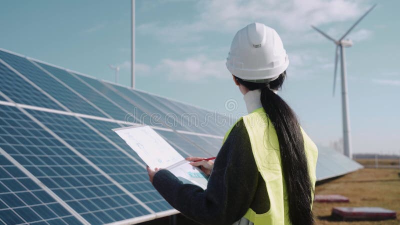 Close Up of Female Ecological Engineer Checking the Operation of Solar ...