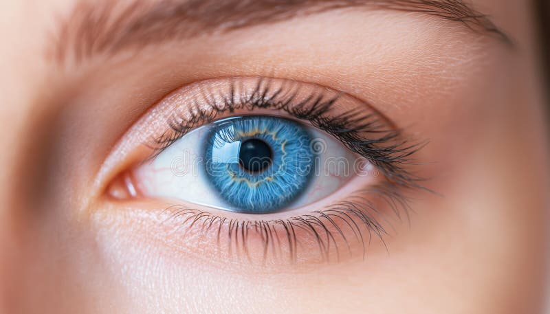 Close-Up of a Female Eye with Blue Iris and Visual Acuity Test Chart in ...