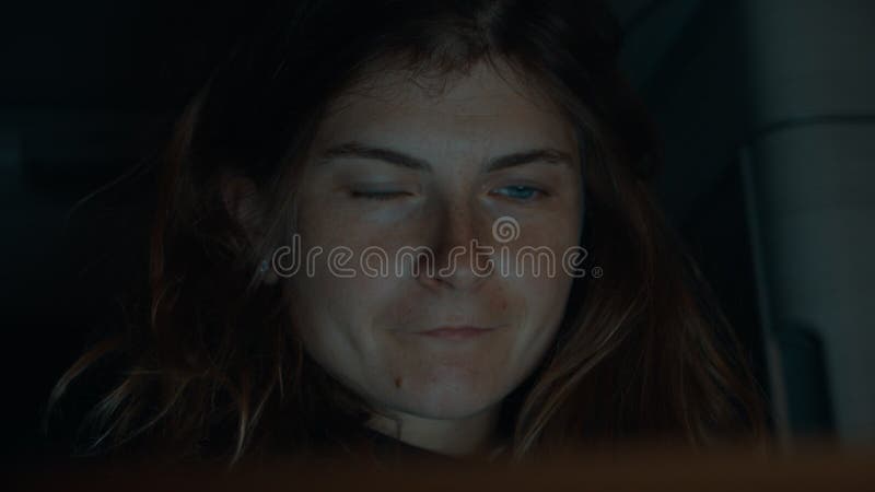Female Face in Darkness, Screen Eye Reflection Stock Video - Video of ...