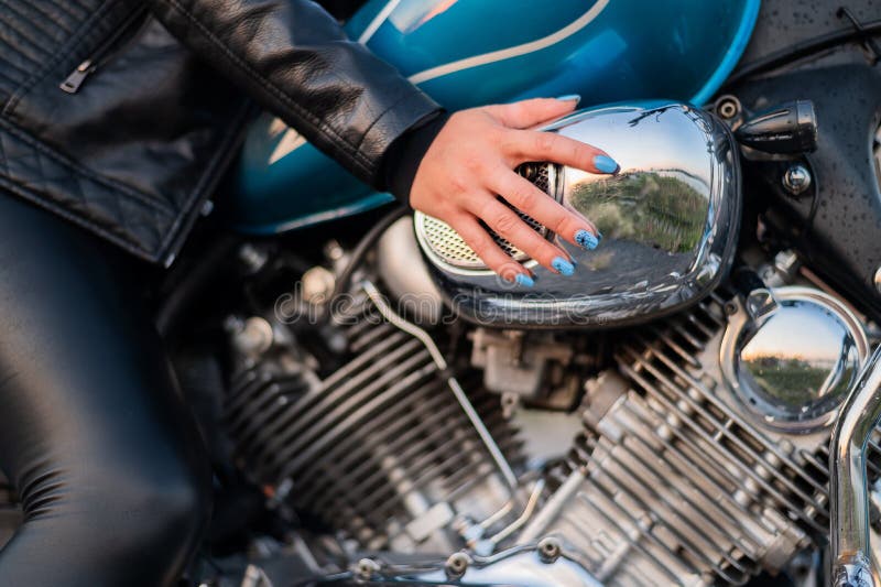 Close-up of a Female Hand on a Motorcycle. Stock Image - Image of ...