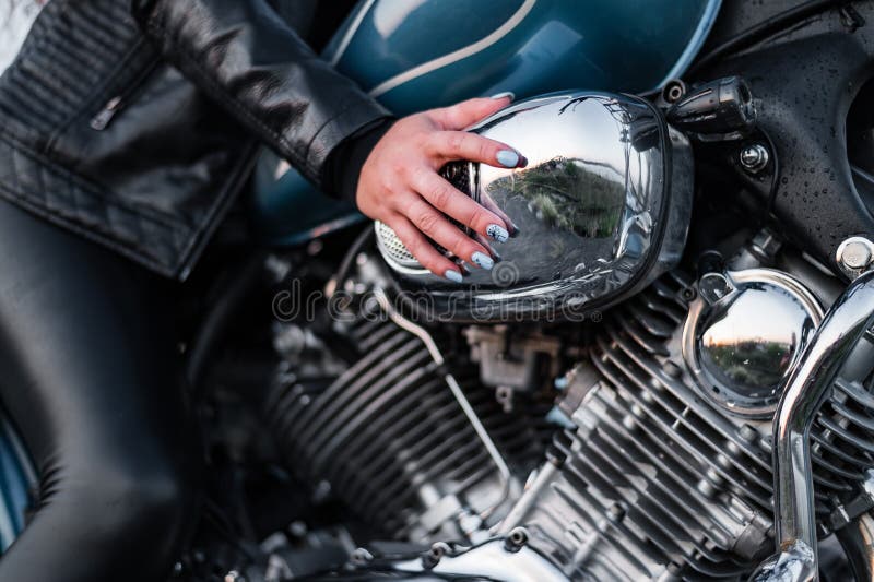 Close-up of a Female Hand on a Motorcycle. Stock Image - Image of ...