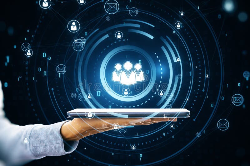 Close Up of Female Hand Using Mobile Phone with Glowing People Icons ...