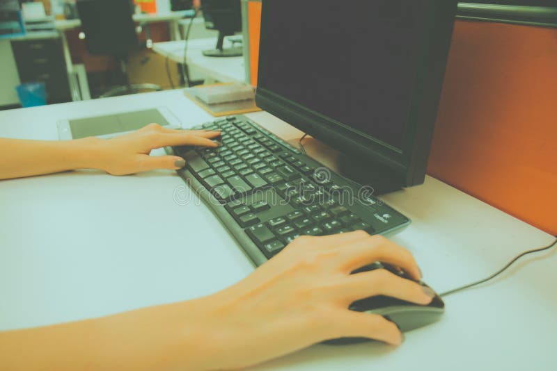 Close-up of Female Hands during Computer Work Stock Photo - Image of ...