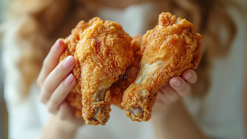 Close-up of Female Hands Holding Two Crispy Fried Chicken Drumsticks ...