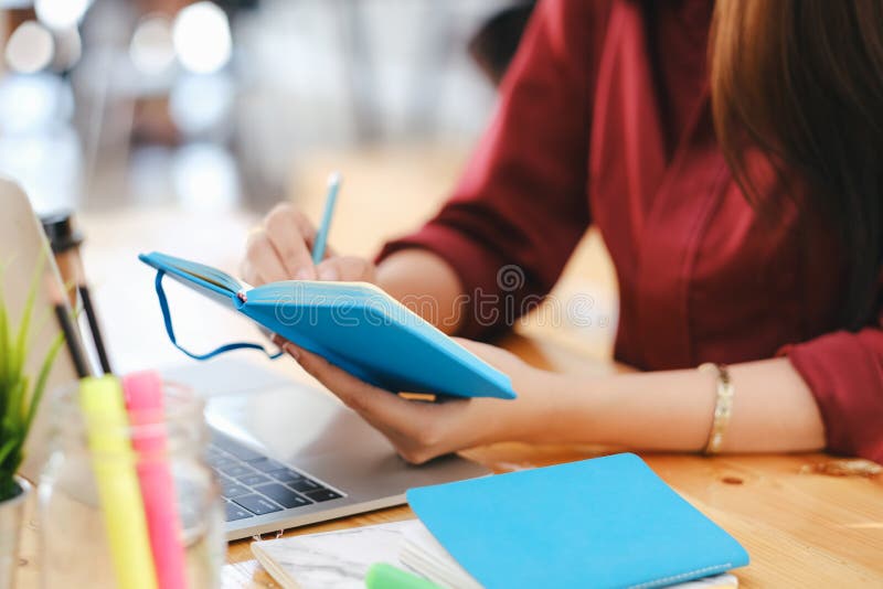 Close Up Female Hands with Pen Writing on Notebook Stock Image - Image ...