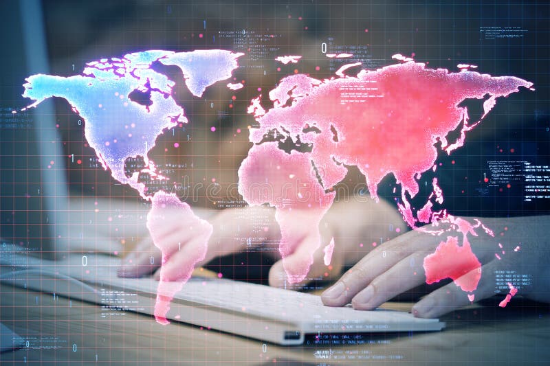 Close Up of Female Hands Using Keyboard with Glowing Digital Map on ...