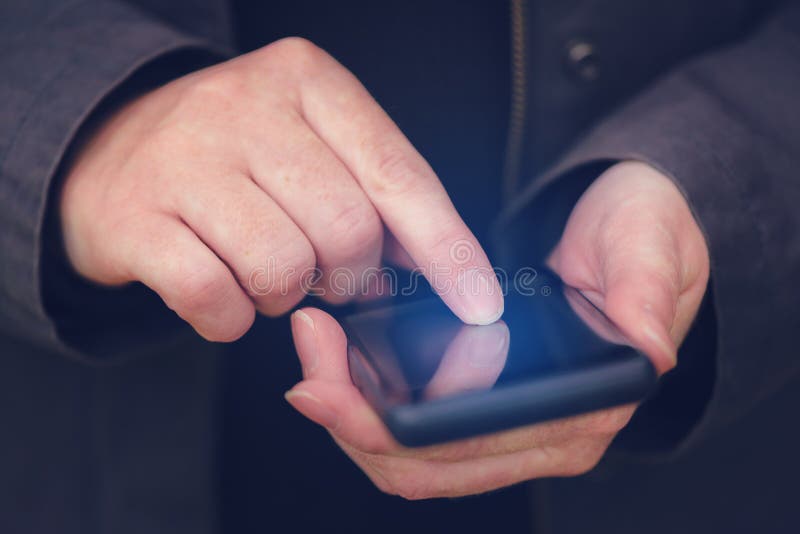 Close Up of Female Hands Using Mobile Phone Outdoors Stock Photo ...